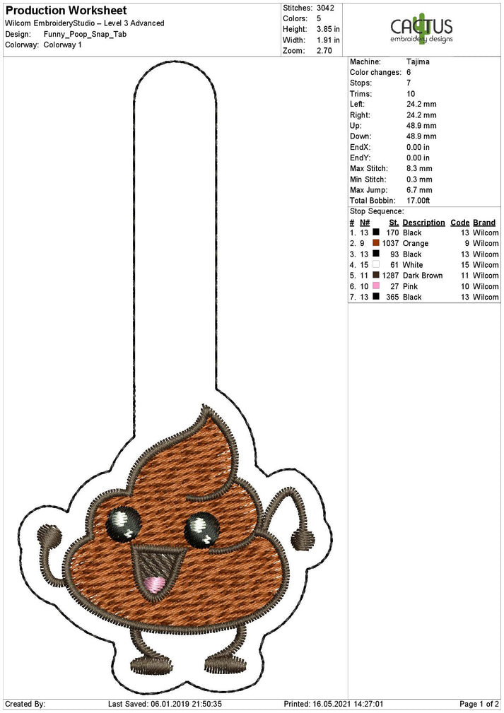 Funny Poop Snap Tab – Cactus Embroidery Designs