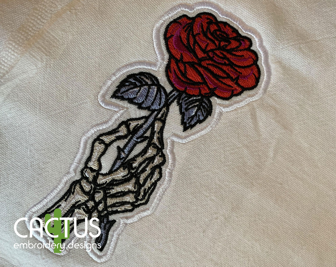 Skeleton Hand with Rose Patch Embroidery Design – Cactus Embroidery Designs