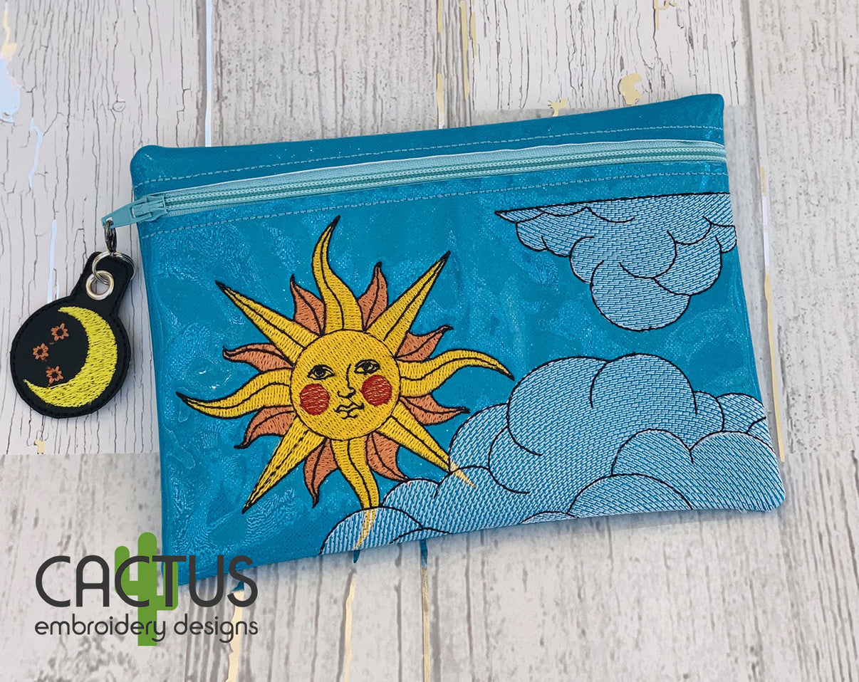Sun Zipper Bag & Crescent Moon Zipper Pull – Cactus Embroidery Designs