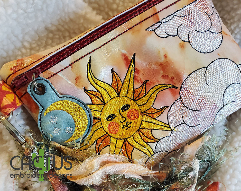 Sun Zipper Bag & Crescent Moon Zipper Pull – Cactus Embroidery Designs